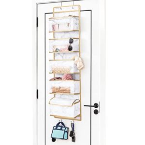 damahome over door hanging organizer - closet door storage organizer 5 large pockets, door organizer hanging clear window pocket, 4 metal hooks for baby nursery bedroom pantry bathroom (marble)