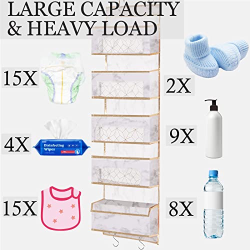 DAMAHOME Over Door Hanging Organizer - Closet Door Storage Organizer 5 Large Pockets, Door Organizer Hanging Clear Window Pocket, 4 Metal Hooks for Baby Nursery Bedroom Pantry Bathroom (Marble)