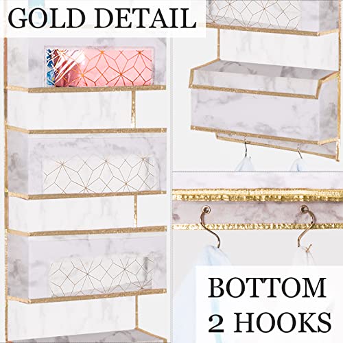 DAMAHOME Over Door Hanging Organizer - Closet Door Storage Organizer 5 Large Pockets, Door Organizer Hanging Clear Window Pocket, 4 Metal Hooks for Baby Nursery Bedroom Pantry Bathroom (Marble)