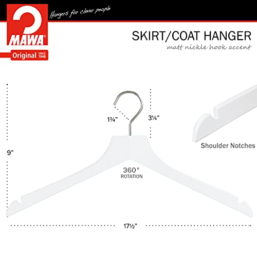 MAWA by Reston Lloyd, European Wooden Hanger, Beech Wood Straight Hanger with Shoulder Notches, Rotating Chrome Hook, White Finish, for Shirts, Blazers, Dress Clothes Hanger (26135)