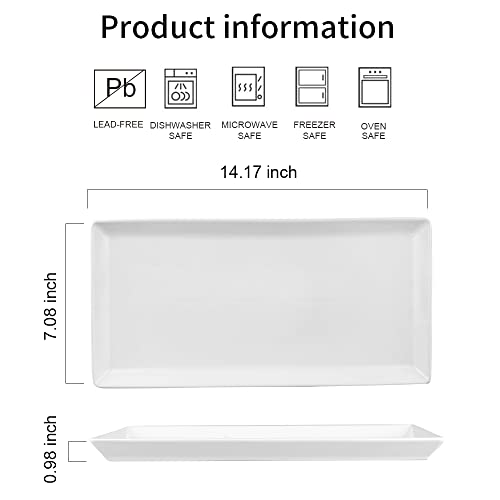 KOOV Ceramic Serving Tray, 14 Inches Large Serving Platter, Rectangular Serving Tray, Porcelain Serving Plates, Ceramic Serving Dishes for Dinner, Party, Sushi, Dessert, Food, Set of 4 (White)