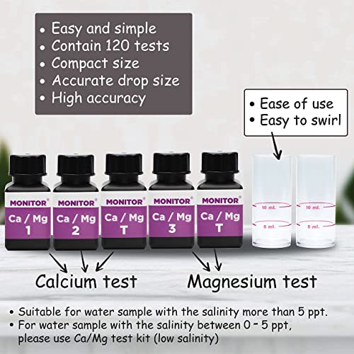 Monitor Calcium/Magnesium HIGH Salinity (Salinity > 5 PPT) Test KIT (120 Tests) - Monitor Aquarium and aquaculture Water Quality