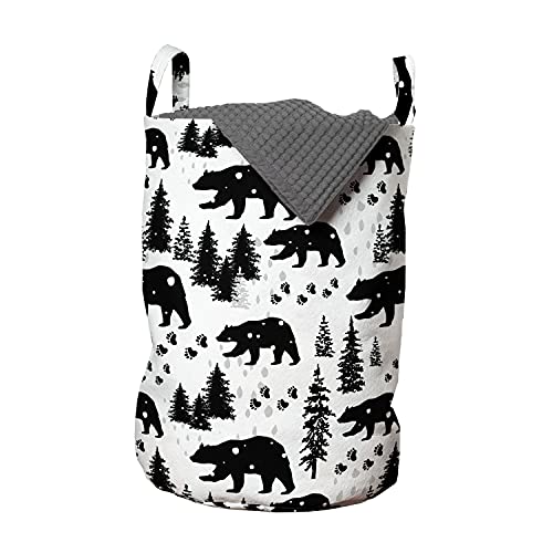 Lunarable Hipster Antler Laundry Bag, Greyscale Style Repetitive Pattern of Bear Footprints and Trees, Hamper Basket with Handles Drawstring Closure for Laundromats, 13" x 19", Black Pale Grey White