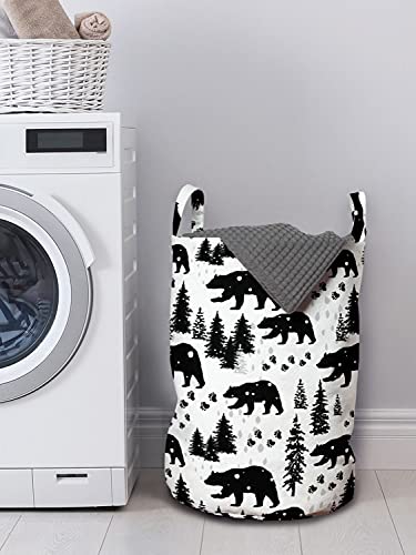 Lunarable Hipster Antler Laundry Bag, Greyscale Style Repetitive Pattern of Bear Footprints and Trees, Hamper Basket with Handles Drawstring Closure for Laundromats, 13" x 19", Black Pale Grey White