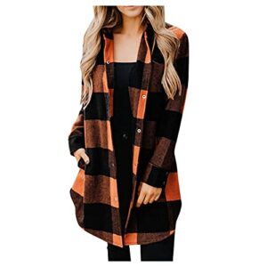 hemlock women plaid shirts jacket long sleeve button down blouses tops mid long shirt coat outwears orange