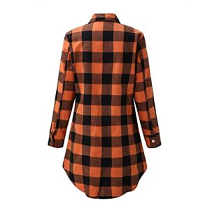 Hemlock Women Plaid Shirts Jacket Long Sleeve Button Down Blouses Tops Mid Long Shirt Coat Outwears Orange