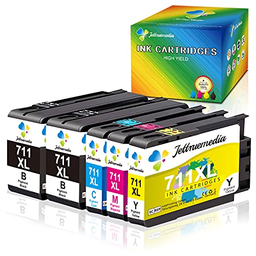 JTM 711XL Compatible Ink Cartridge Replacement for HP 711 711XL CZ133A CZ129A Work with HP Designjet T120 T520 T530 24-in T520 T530 36-in Printer(5-Pack,2 Black,1 Cyan,1 Magenta,1 Yellow)