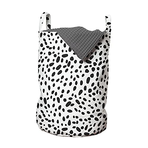 Lunarable Dalmatian Laundry Bag, Domestic Animal Dog Skin Print Dots Spots Pointy Forms Asymmetric Repetitive, Hamper Basket with Handles Drawstring Closure for Laundromats, 13" x 19", Dark Grey White