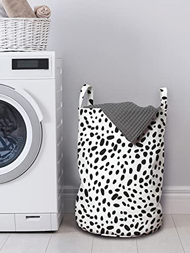 Lunarable Dalmatian Laundry Bag, Domestic Animal Dog Skin Print Dots Spots Pointy Forms Asymmetric Repetitive, Hamper Basket with Handles Drawstring Closure for Laundromats, 13" x 19", Dark Grey White