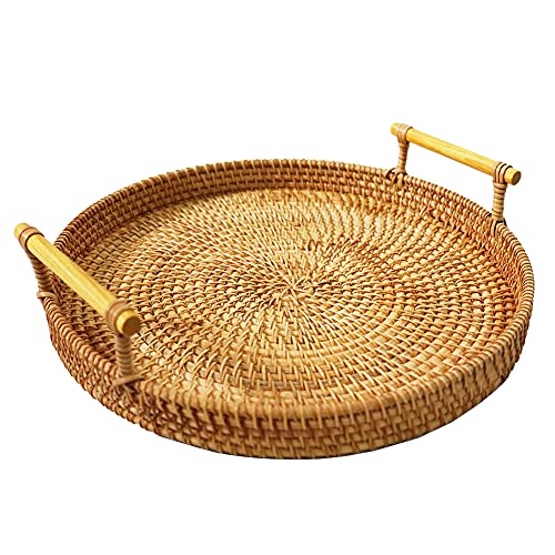 Rattan Tray Wicker Tray for Coffee Table Bread Baskets with Handle for Serving Food Crackers Snacks 11 Inch Round