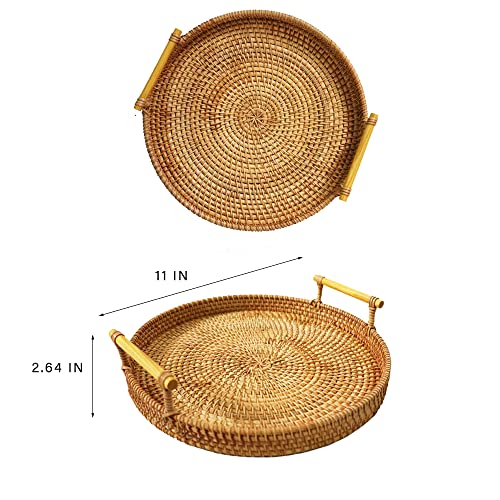 Rattan Tray Wicker Tray for Coffee Table Bread Baskets with Handle for Serving Food Crackers Snacks 11 Inch Round