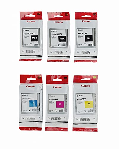 PFI-107 Set Genuine Canon Pfi-107 6 Pack Set of 5 Colors Ink Tanks 2 Pfi-107mbk,and 1 Pfi107bk Pfi107c Pfi107y Pfi107m by Canon + InkSAVER™ Microfiber LCD Screen Cleaning Cloth