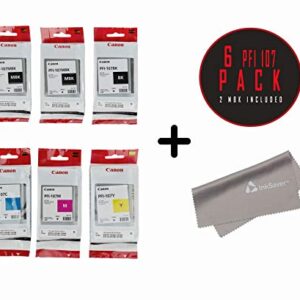 PFI-107 Set Genuine Canon Pfi-107 6 Pack Set of 5 Colors Ink Tanks 2 Pfi-107mbk,and 1 Pfi107bk Pfi107c Pfi107y Pfi107m by Canon + InkSAVER™ Microfiber LCD Screen Cleaning Cloth