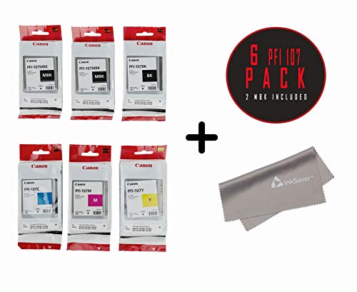 PFI-107 Set Genuine Canon Pfi-107 6 Pack Set of 5 Colors Ink Tanks 2 Pfi-107mbk,and 1 Pfi107bk Pfi107c Pfi107y Pfi107m by Canon + InkSAVER™ Microfiber LCD Screen Cleaning Cloth