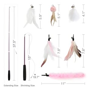 SONGWAY Interactive Cat Feather Toys - 7 Pcs Cat Toy Set, Retractable Cat Wand Toy, Teaser Refills Worm Bird Feathers with Bell, Cat Teaser Toys for Indoor Cats Kitten Play Chase Exercise, Light Pink