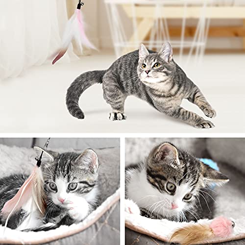 SONGWAY Interactive Cat Feather Toys - 7 Pcs Cat Toy Set, Retractable Cat Wand Toy, Teaser Refills Worm Bird Feathers with Bell, Cat Teaser Toys for Indoor Cats Kitten Play Chase Exercise, Light Pink