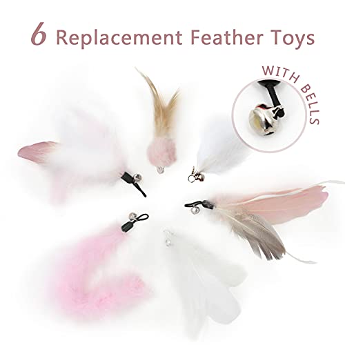 SONGWAY Interactive Cat Feather Toys - 7 Pcs Cat Toy Set, Retractable Cat Wand Toy, Teaser Refills Worm Bird Feathers with Bell, Cat Teaser Toys for Indoor Cats Kitten Play Chase Exercise, Light Pink