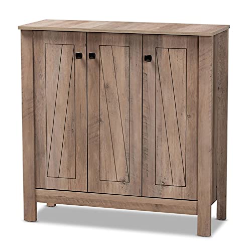 BOWERY HILL Natural Oak Finished Wood 3-Door Shoe Cabinet