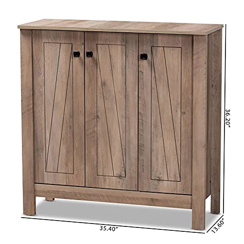 BOWERY HILL Natural Oak Finished Wood 3-Door Shoe Cabinet