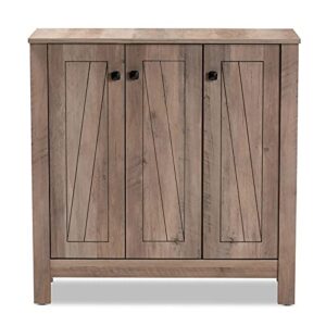 BOWERY HILL Natural Oak Finished Wood 3-Door Shoe Cabinet