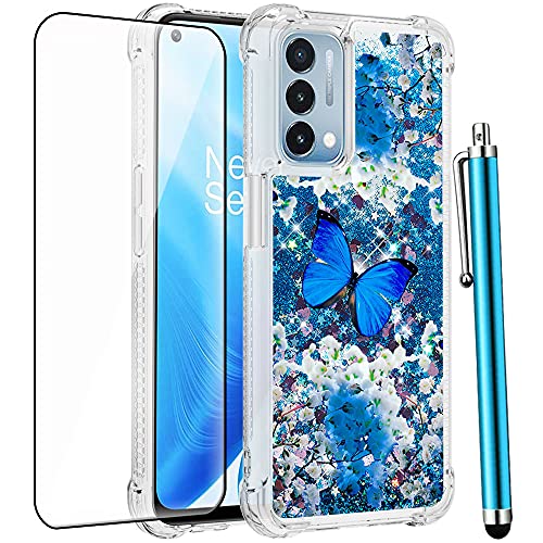 CAIYUNL for OnePlus Nord N200 5G Case with Tempered Glass Screen Protector, Glitter Bling Flowing Liquid Sparkle Women Girls Soft TPU Shockproof Protective Cute Case for OnePlus Nord N200 5G-Butterfly