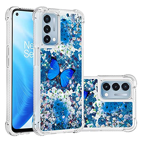 CAIYUNL for OnePlus Nord N200 5G Case with Tempered Glass Screen Protector, Glitter Bling Flowing Liquid Sparkle Women Girls Soft TPU Shockproof Protective Cute Case for OnePlus Nord N200 5G-Butterfly