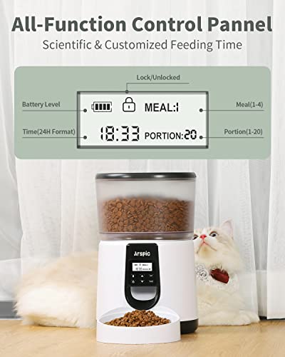 Automatic Cat Feeder, Arspic 4L Auto Cat Food Dispenser with Programmable Timer Feeder and Portion Control Automatic Pet Food Feeder for Small & Medium Cats Dogs with Desiccant Bag & Voice Recorder