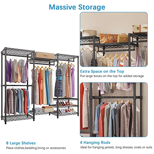 VIPEK V5 Portable Closet Wardrobe Heavy Duty Clothes Rack, Freestanding Clothing Rack with 4 Hang Rods & 8 Shelves, Adjustable Custom Closet Rack, 68.9" L x 15.7" W x 76.4" H, Max Load 800LBS, Black