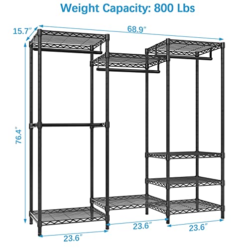 VIPEK V5 Portable Closet Wardrobe Heavy Duty Clothes Rack, Freestanding Clothing Rack with 4 Hang Rods & 8 Shelves, Adjustable Custom Closet Rack, 68.9" L x 15.7" W x 76.4" H, Max Load 800LBS, Black