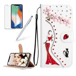 Girlyard Case for iPhone 12 / iPhone 12 Pro 6.1 Inch, Bling Glitter Rhinestone PU Leather Wallet Case with Card Holder Flip Magnetic Kickstand Shockproof Protective Cover - White, Beauty in Red Dress