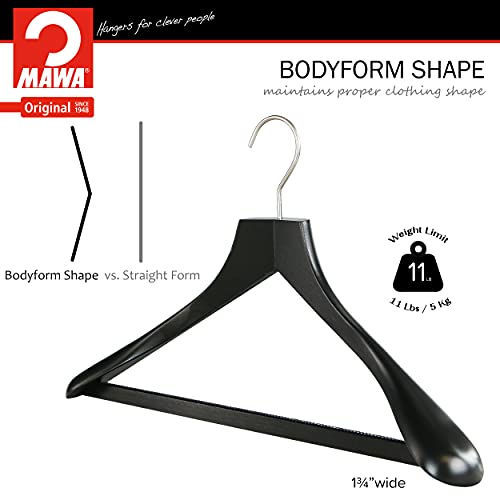 MAWA by Reston Lloyd, European Wooden Hanger, Beech Wood Body Form Hanger with Wide Supportive Shoulders, Rotating Chrome Hook, Black Finish, for Shirts, Blazers, Pants, Dress Clothes Hanger