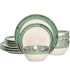 bosmarlin stoneware dinnerware set, ceramic bowls and plates set, service for 4, 12 piece, microwave and dishwasher safe, reactive glaze (turquoise green)