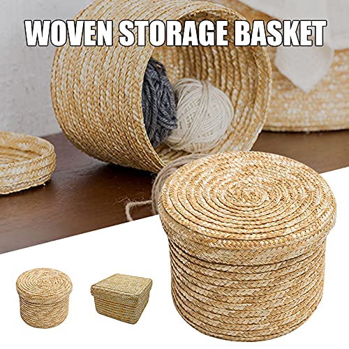 Zhuxin Woven Straw Storage Baskets with Lid, Rattan Snack Container Multipurpose Bins Laundry Toys Organizer Household, Round Large Diameter 22cm Height 17cm