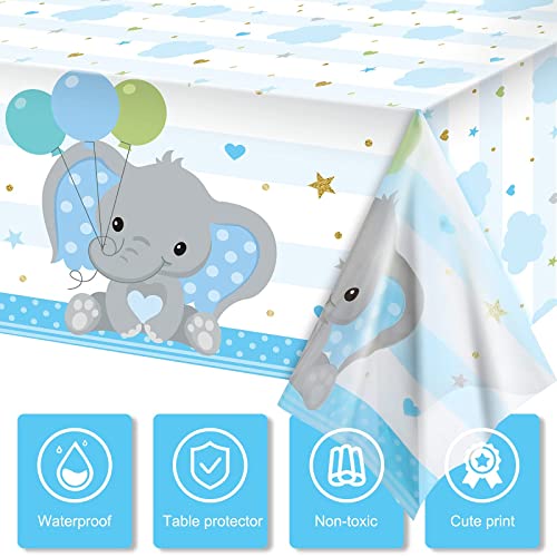 Baby Shower Table Cover Decorations Elephant Tablecloth Table Cover Plastic Rectangle Table Decors for Baby Boy Girl Gender Reveal Party Supplies, 54 x 108 Inches (Blue,3 Pieces)