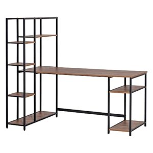 homcom 67 inch home office computer desk with display bookshelf, industrial writing table with cpu stand and steel frame, black/walnut