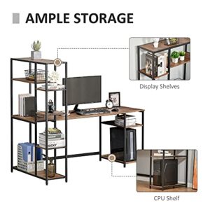 HOMCOM 67 Inch Home Office Computer Desk with Display Bookshelf, Industrial Writing Table with CPU Stand and Steel Frame, Black/Walnut