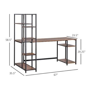 HOMCOM 67 Inch Home Office Computer Desk with Display Bookshelf, Industrial Writing Table with CPU Stand and Steel Frame, Black/Walnut