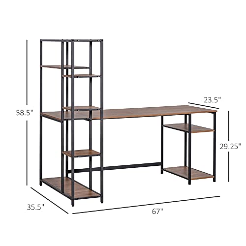 HOMCOM 67 Inch Home Office Computer Desk with Display Bookshelf, Industrial Writing Table with CPU Stand and Steel Frame, Black/Walnut