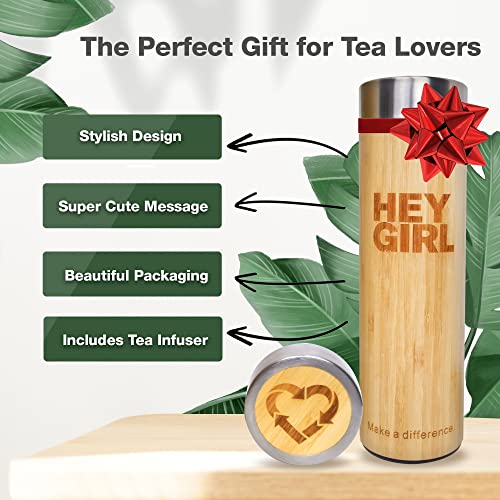 Hey Girl Bamboo Tea Infuser Bottle with Tea Strainer - Insulated Stainless Steel Water Bottle for Loose Leaf Tea & Coffee - Tea Tumbler with Diffuser - Loose Tea Bottle or Thermos Travel Mug - 18 oz