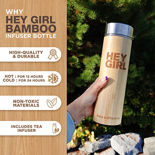 Hey Girl Bamboo Tea Infuser Bottle with Tea Strainer - Insulated Stainless Steel Water Bottle for Loose Leaf Tea & Coffee - Tea Tumbler with Diffuser - Loose Tea Bottle or Thermos Travel Mug - 18 oz