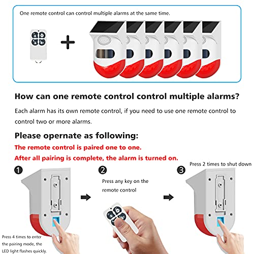 Solar Sound & Strobe Light Alarm with Motion Detector and Remote Controller 120db Sound Security Siren Light IP67 Waterproof 24 Hours+4 Mode for Home, Farm,Barn,Villa,Yard,Garden