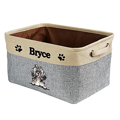 MALIHONG Personalized Foldable Storage Basket with Lovely Dog Shih Tzu Collapsible Sturdy Fabric Pet Toys Storage Bin Cube with Handles for Organizing Shelf Home Closet, Grey and White