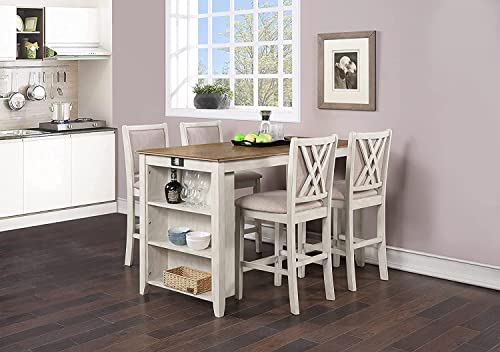 New Classic Furniture Amy Farmhouse Kitchen Counter Island Dining Table for 4 with Storage Shelf & USB Chargers, Two Tone Vintage White/Brown