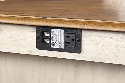 New Classic Furniture Amy Farmhouse Kitchen Counter Island Dining Table for 4 with Storage Shelf & USB Chargers, Two Tone Vintage White/Brown