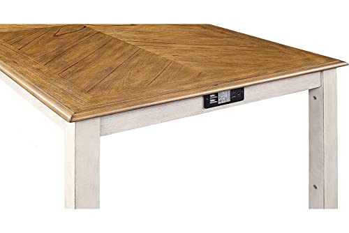 New Classic Furniture Amy Farmhouse Kitchen Counter Island Dining Table for 4 with Storage Shelf & USB Chargers, Two Tone Vintage White/Brown