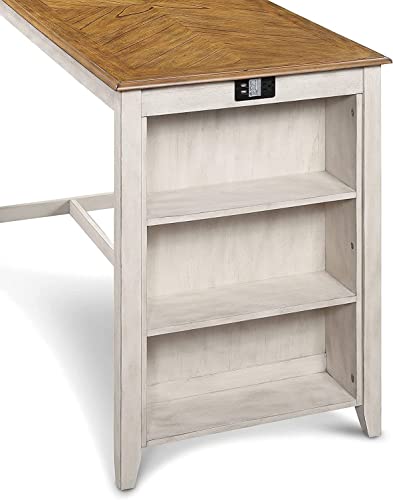 New Classic Furniture Amy Farmhouse Kitchen Counter Island Dining Table for 4 with Storage Shelf & USB Chargers, Two Tone Vintage White/Brown