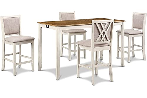 New Classic Furniture Amy Farmhouse Kitchen Counter Island Dining Table for 4 with Storage Shelf & USB Chargers, Two Tone Vintage White/Brown