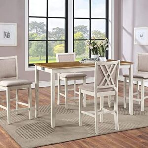 New Classic Furniture Amy Farmhouse Kitchen Counter Island Dining Table for 4 with Storage Shelf & USB Chargers, Two Tone Vintage White/Brown