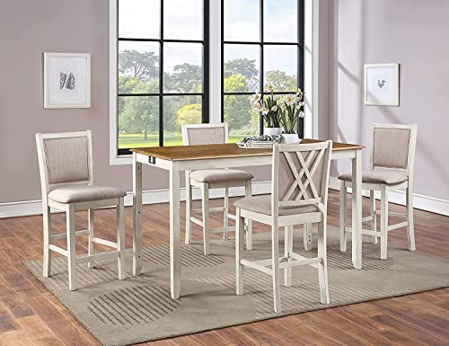 New Classic Furniture Amy Farmhouse Kitchen Counter Island Dining Table for 4 with Storage Shelf & USB Chargers, Two Tone Vintage White/Brown