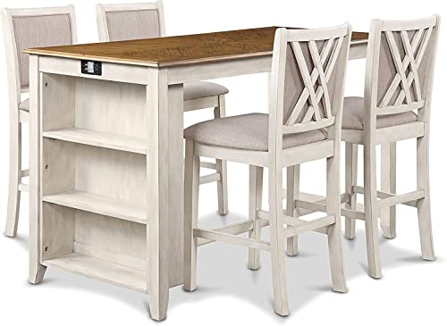 New Classic Furniture Amy Farmhouse Kitchen Counter Island Dining Table for 4 with Storage Shelf & USB Chargers, Two Tone Vintage White/Brown